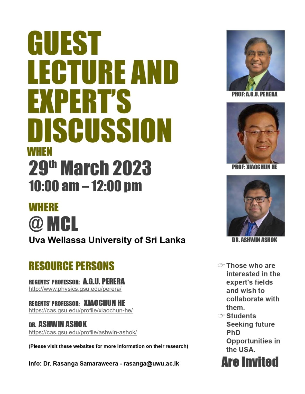 Gest Lecture and Expert’s Discussion | Uva Wellassa University